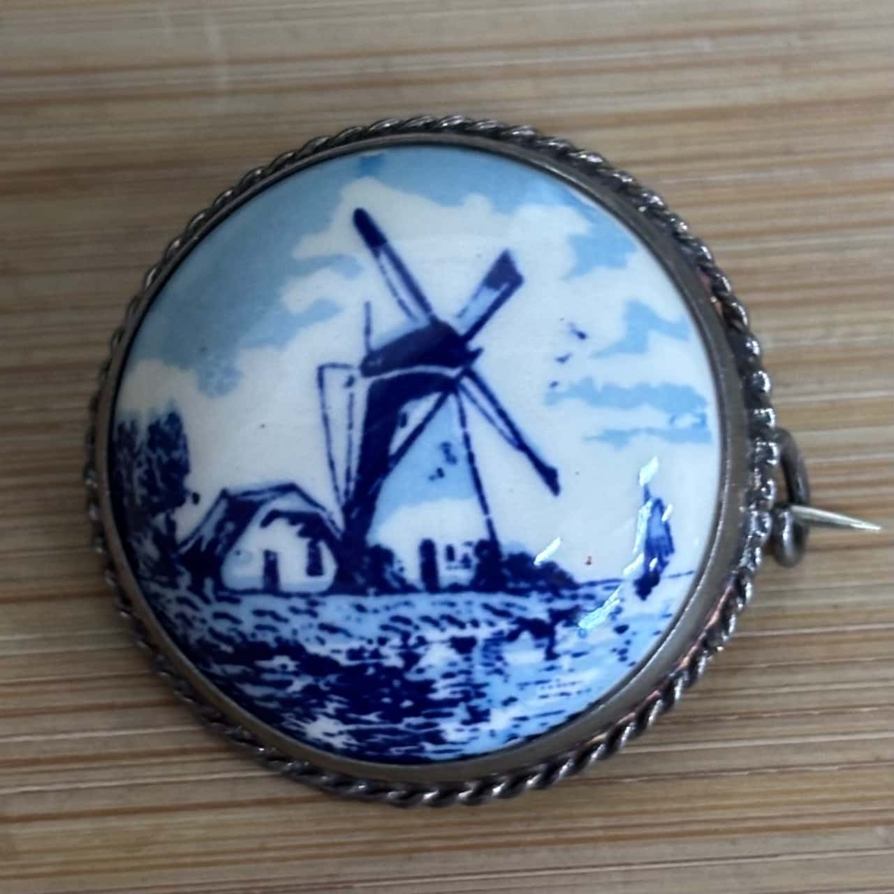 Vintage Dutch Windmill Blue & White Round Porcelain Brooch (s)