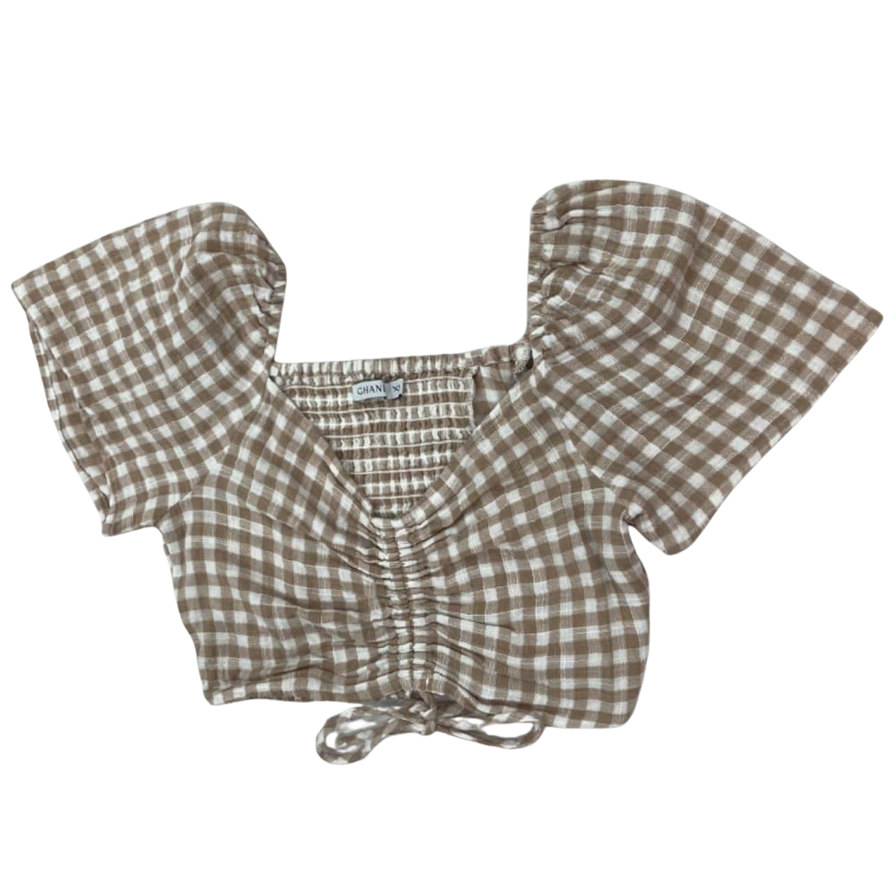 Ghanda Womens Size XS Cropped Top Beige / Checked / White