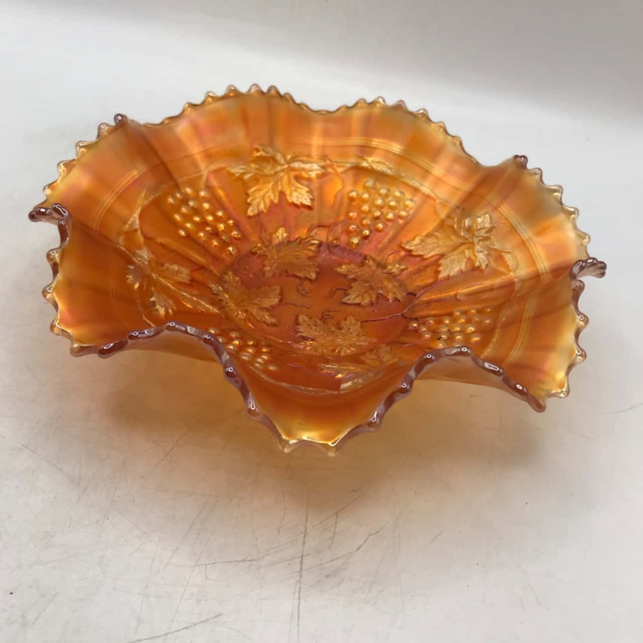Vintage Marigold Carnival Glass Ruffled Bowl Grape Design 22 cm(s)