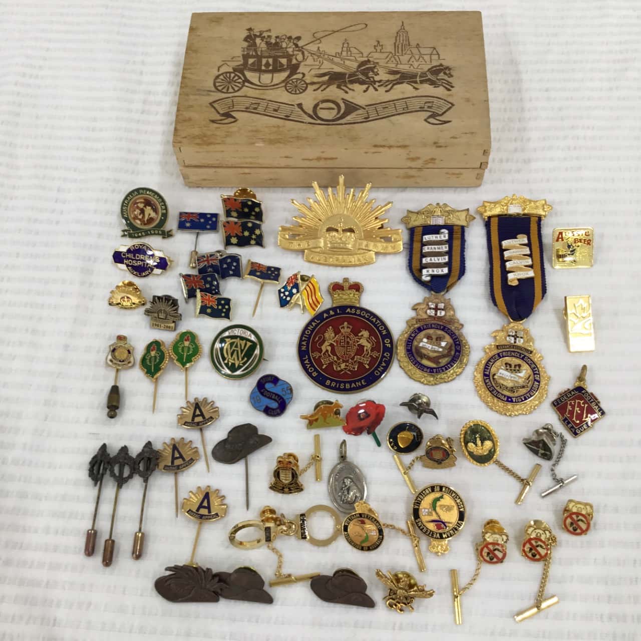 Vintage 50 Assorted Pins Tie Pins Pendants Badges Medals in wooden box(s)