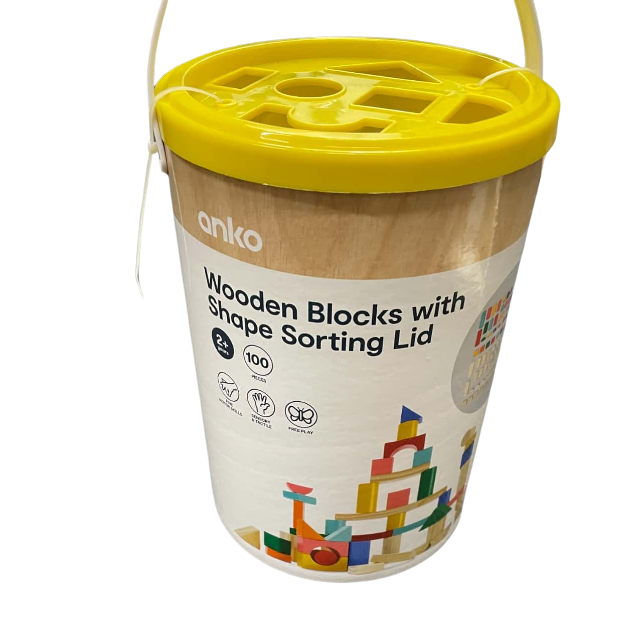 Anko: wooden Blocks with shape sorting lid. 100 pieces. New(s)