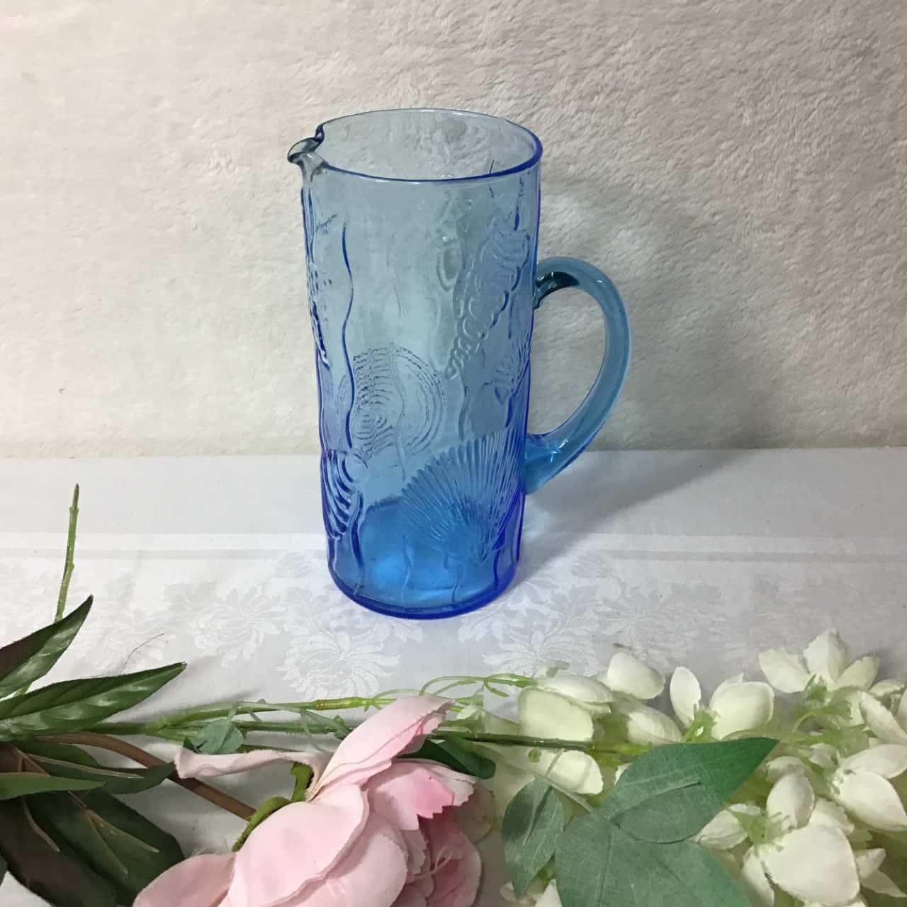 Tall Blue Glass Seashell Pattern Water Jug