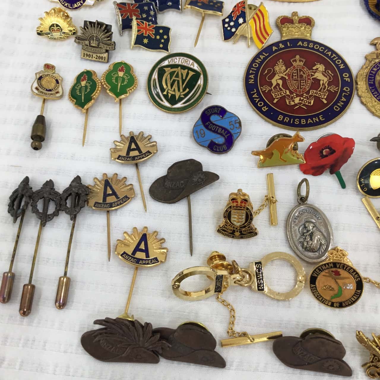 Vintage 50 Assorted Pins Tie Pins Pendants Badges Medals in wooden box(s)