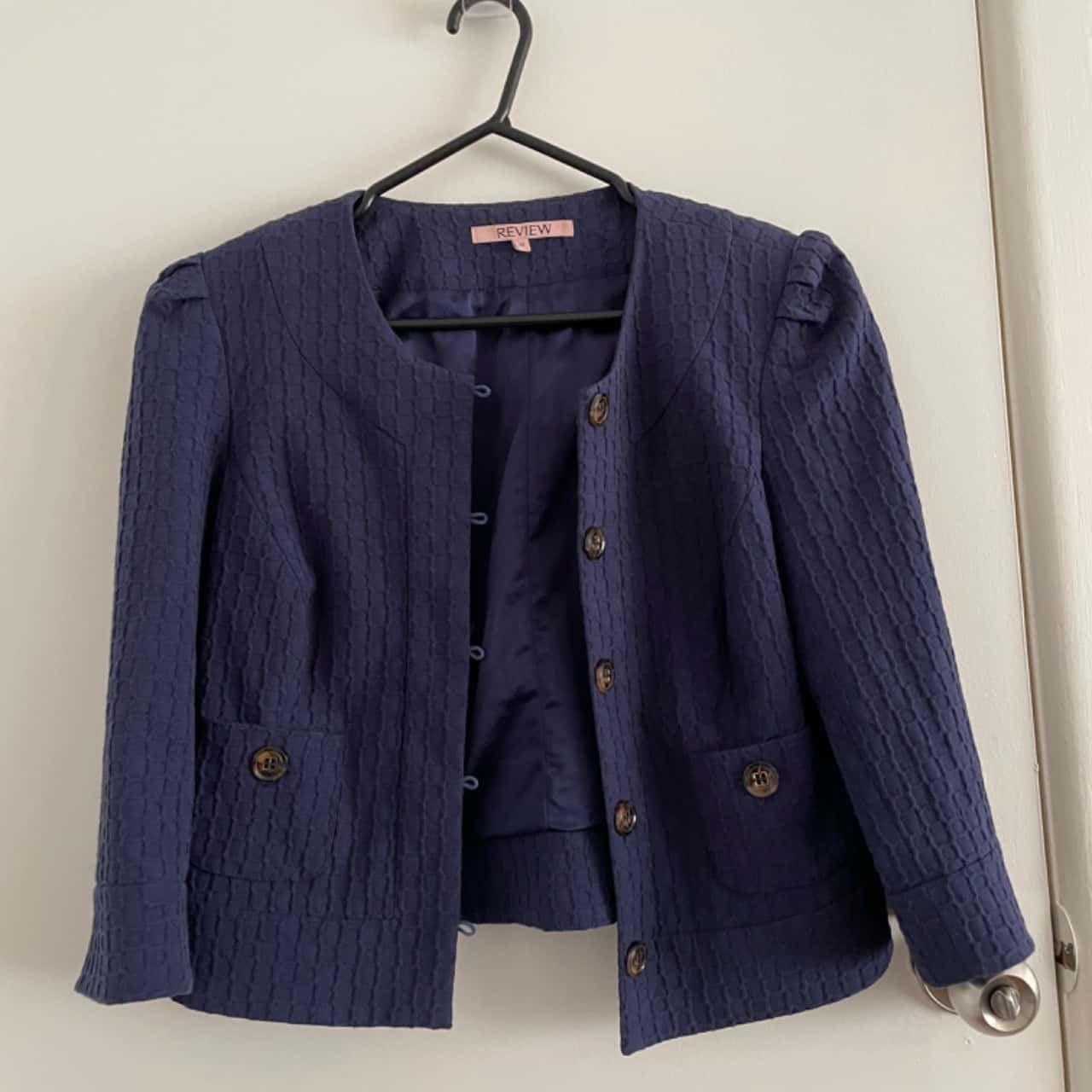 Review Womens Size 12 Button Up Crop Jacket Navy Blue