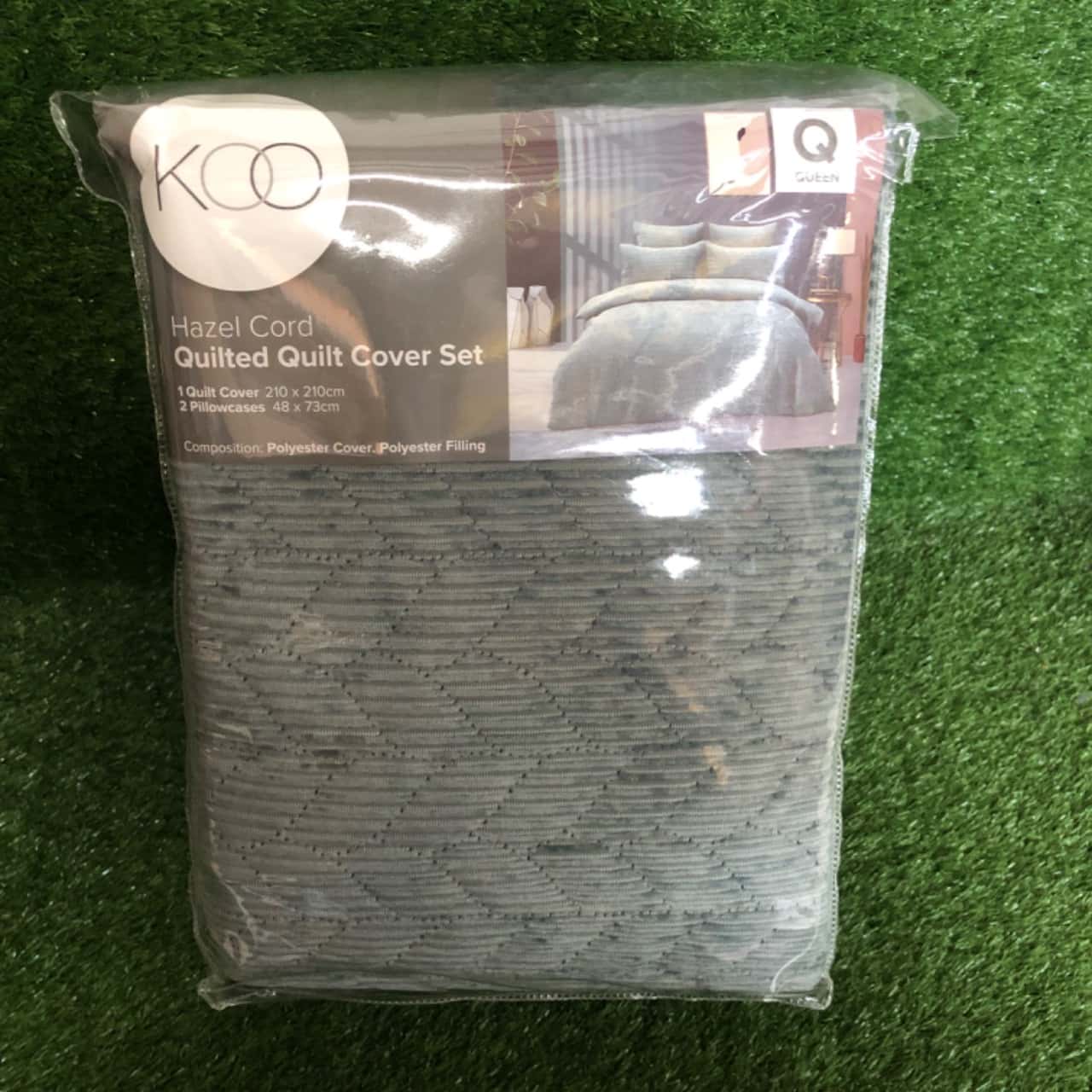 KOO Hazel Cord Charcoal Quilted Quilt Cover Set - Queen (New)(s)