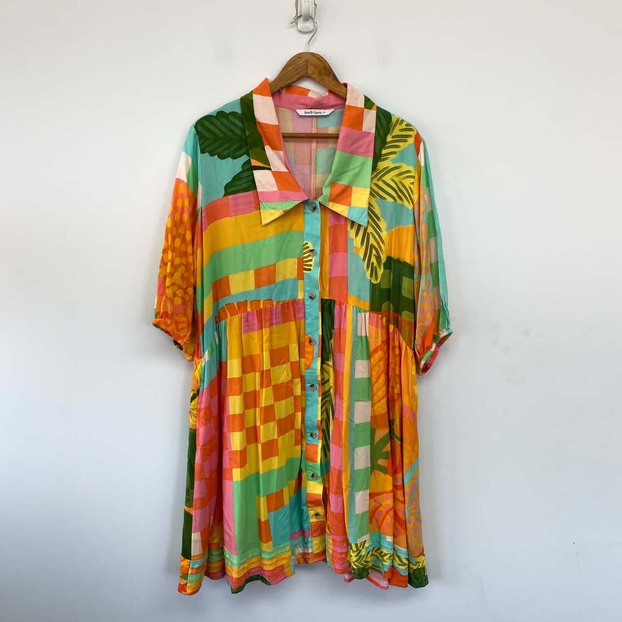 Joop & Gypsy Colourful Pattern Short Sleeve Button Up Mini Dress Size ...