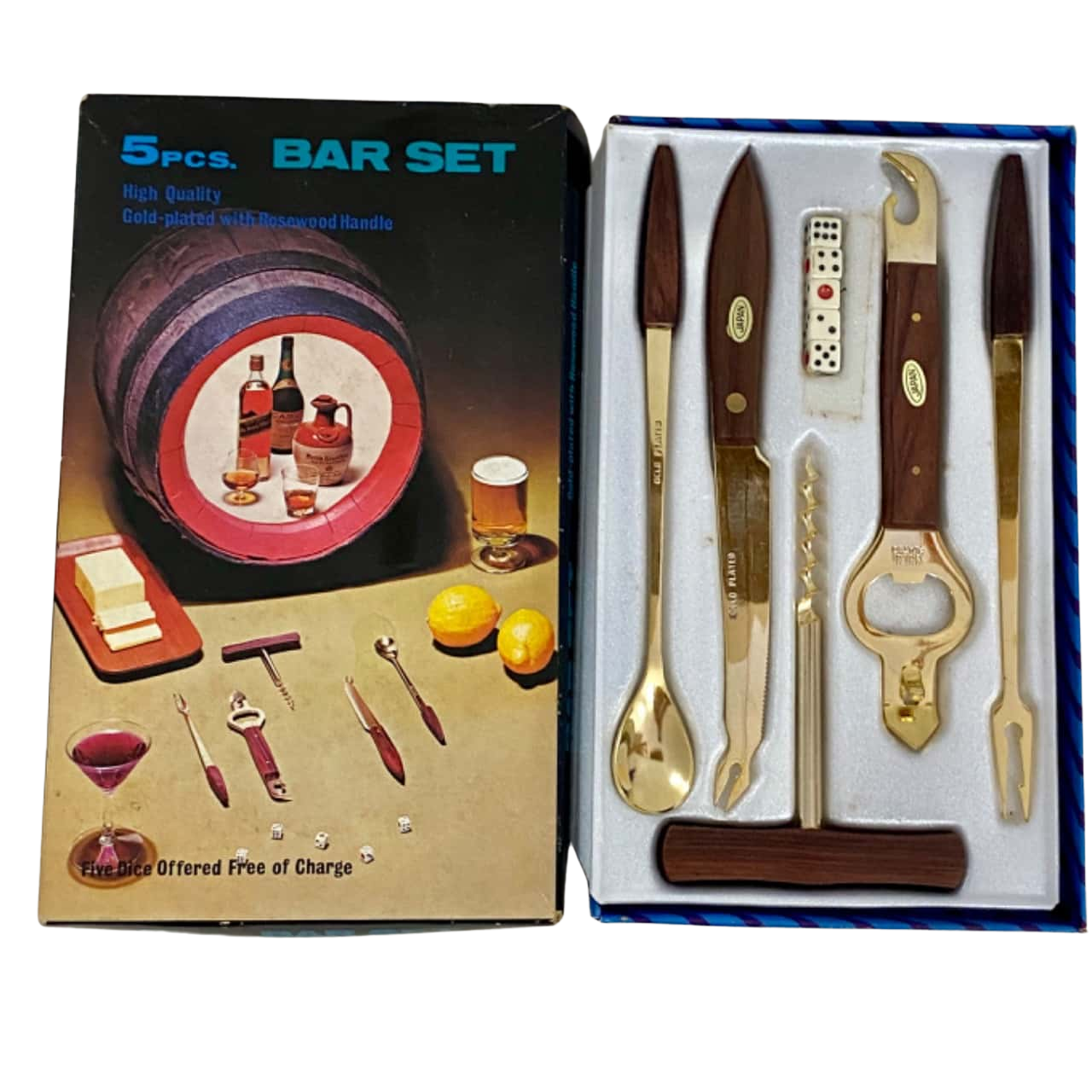 Vintage 5 Pce Bar Set Gold Plated with Rosewood Handles(s)