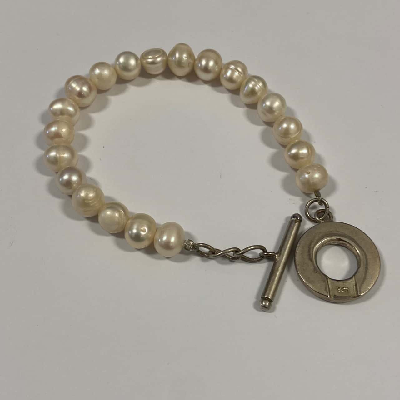 Satin White Baroque Pearl Bracelet With 925 Silver Toggle Clasp(s)