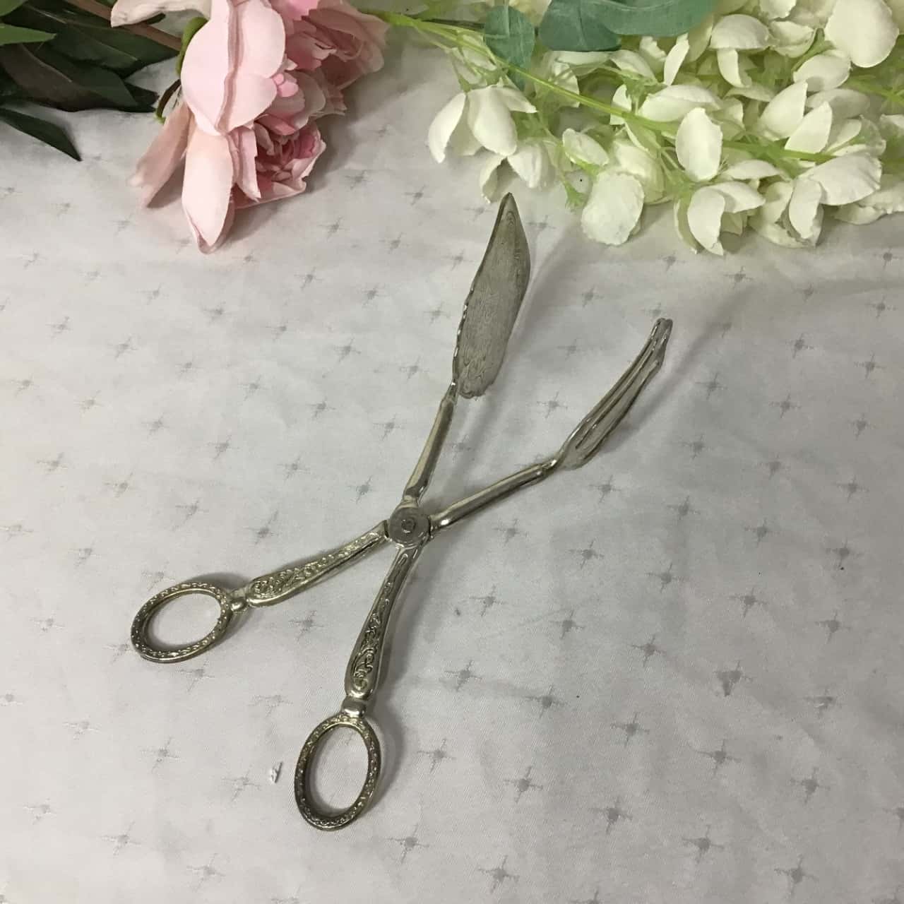Vintage Ornate Silver-plated Scissor Cake Serving Tongs