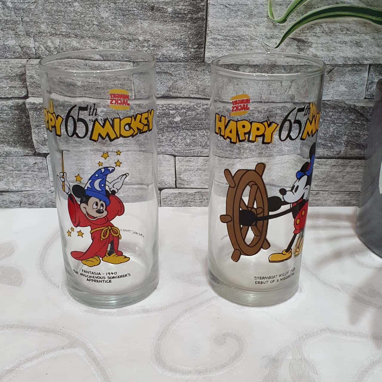 2 x Collectable Walt Disney Hungry Jacks Happy 65th Mickey Drinking Glasses