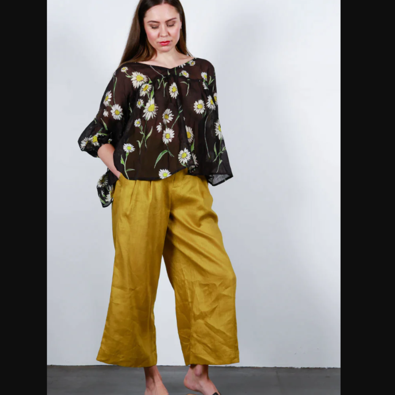 RRP: $230 Zephyr Lounge Wear Black Floral Sheer Daisy Linen/Silk Top ...