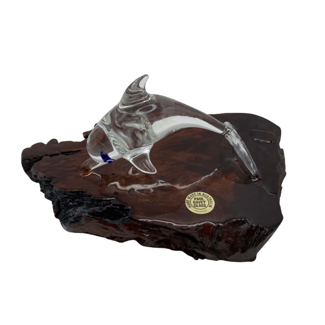 NWOT Hand Made Paul Davey Glass Dolphin on Wood Base (14cm x 9cm)