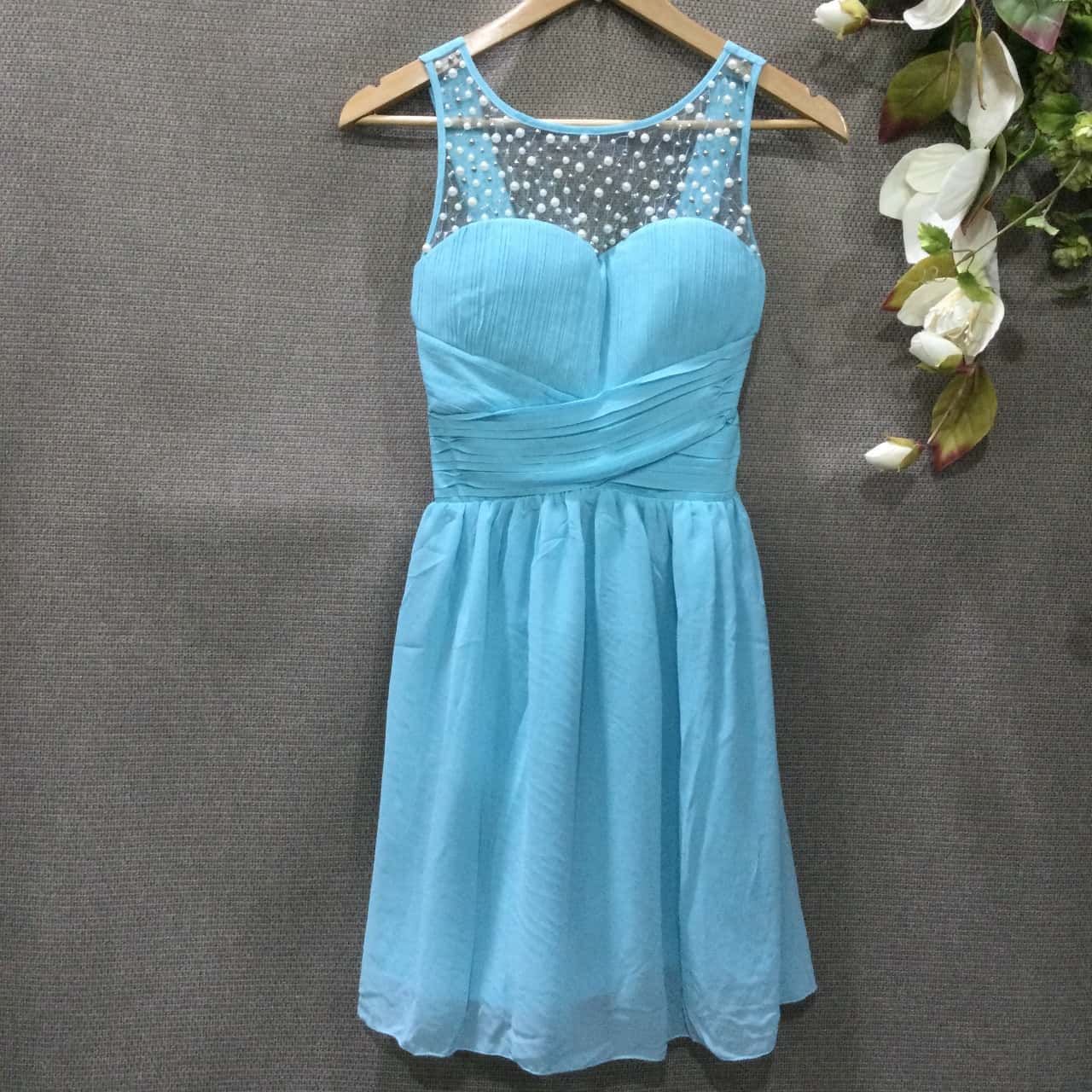 Sambara, Womens S/Less Mini Dress W/Pearls, Size 8 Blue