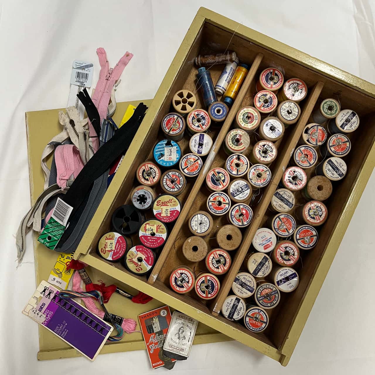 Vintage Box Filled With Sewing Threads and Notions(s)