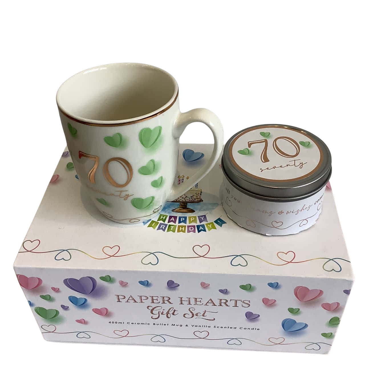 Used as New In Box Paper Hearts `70th Happy Birthday’ Gift Set