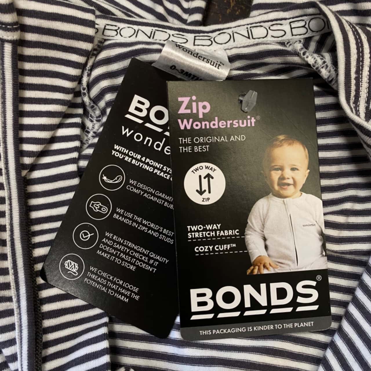 Bonds Dark Grey/White Striped Onesie Size 0-3M(s)