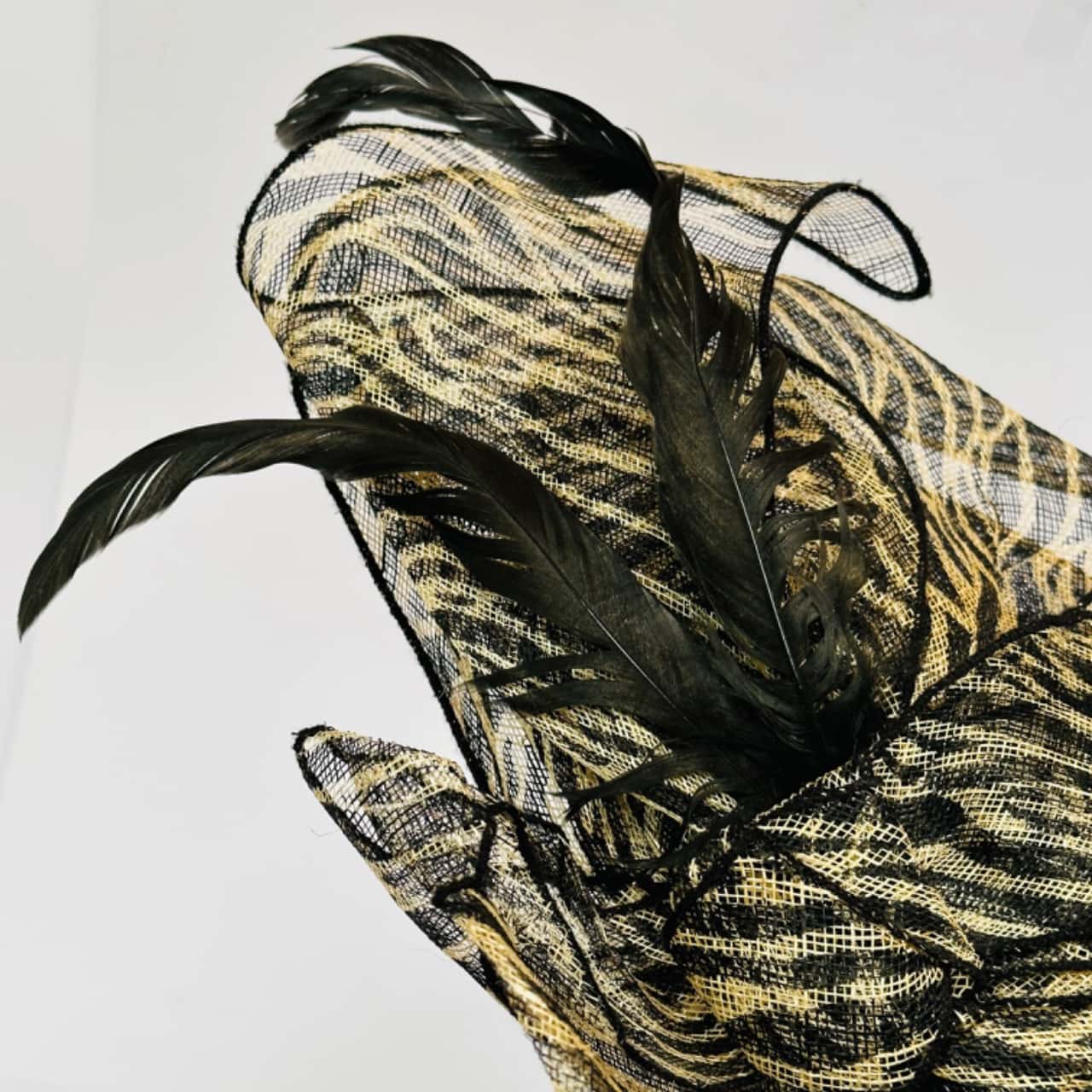 Oval Zebra Print Fascinator with Feather Beige