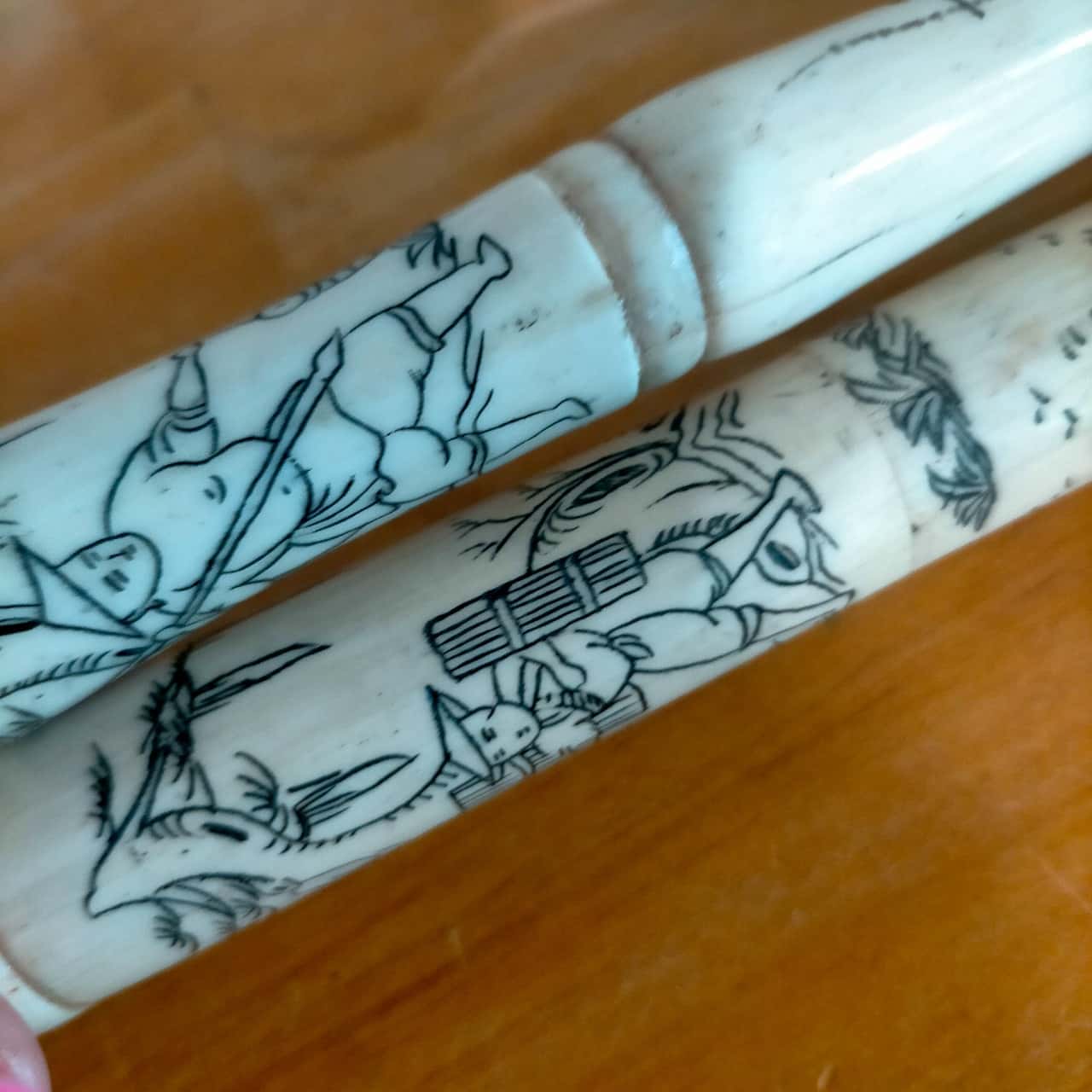 Vintage Etched Asian Bone & Wood Walk Cane / Decorative Cane(s)