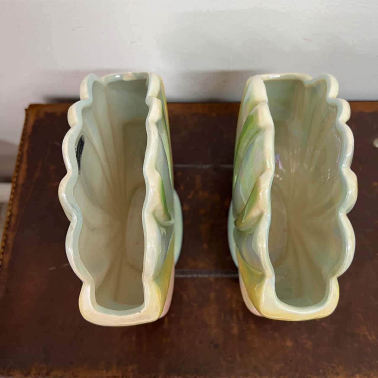 2 beautiful matching lusterware opalescent vases vintage(s)