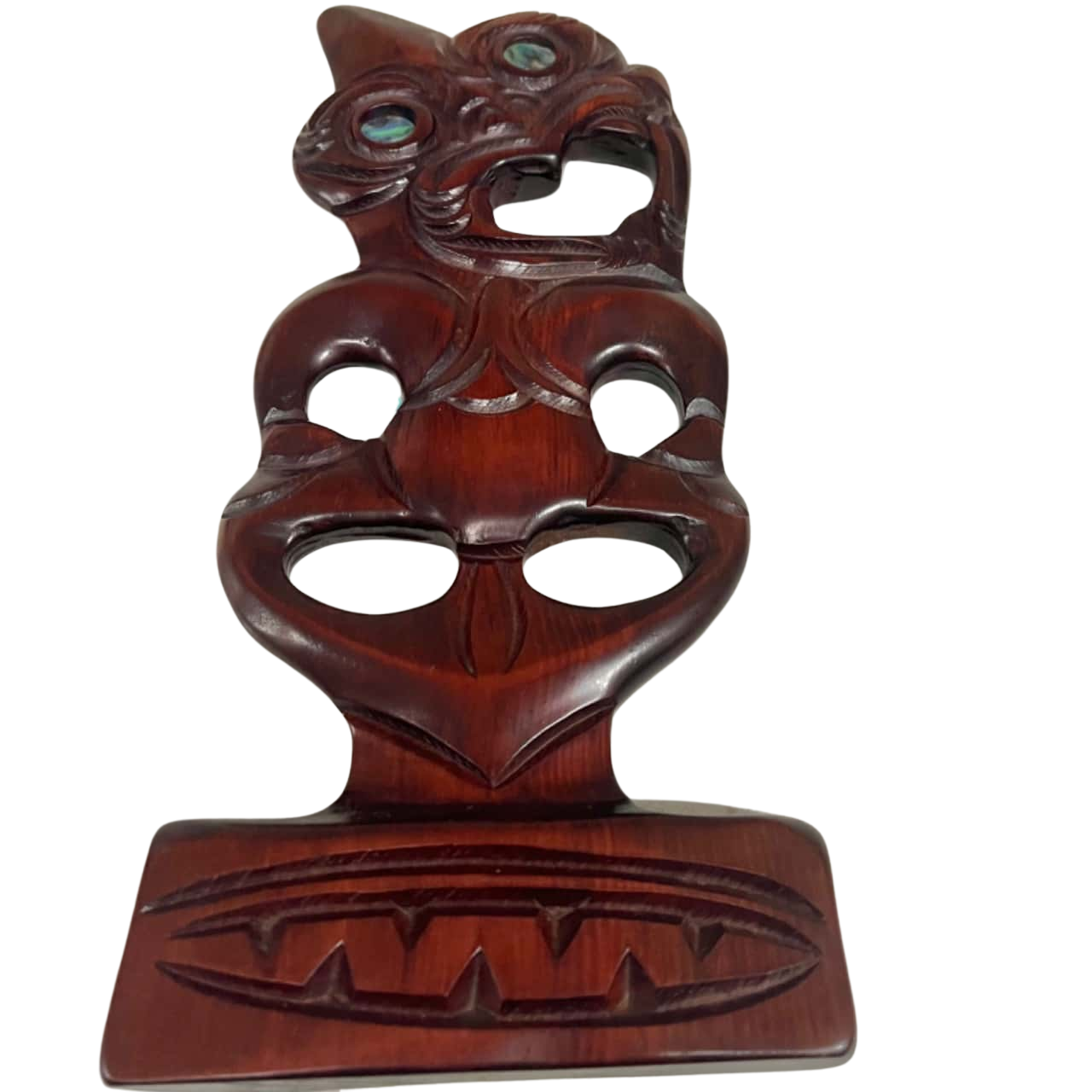 Wooden carved New Zealand Tiki-paua shell eyes35 cm long- just ...