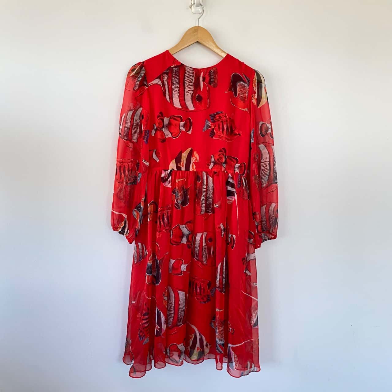 Miss Gladys Sym Choon Red Fish Pattern Long Sleeve Midi Dress Size XL ...