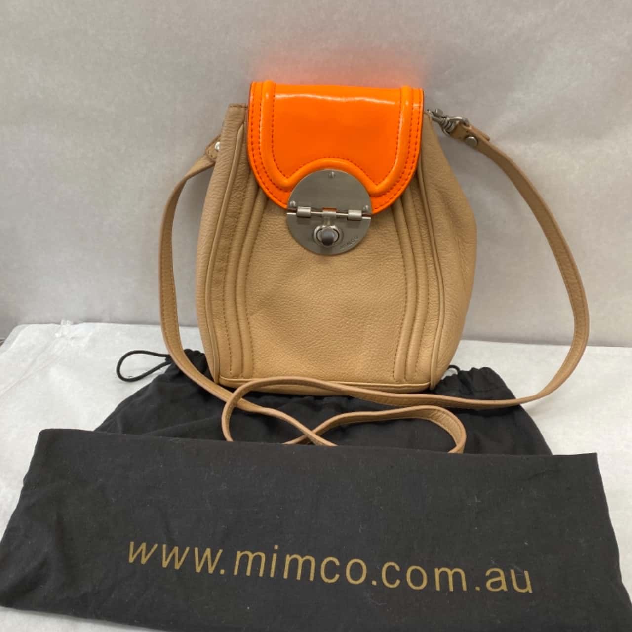 Mimco Camel and Fluorescent Orange Turn Lock Handbag(s)