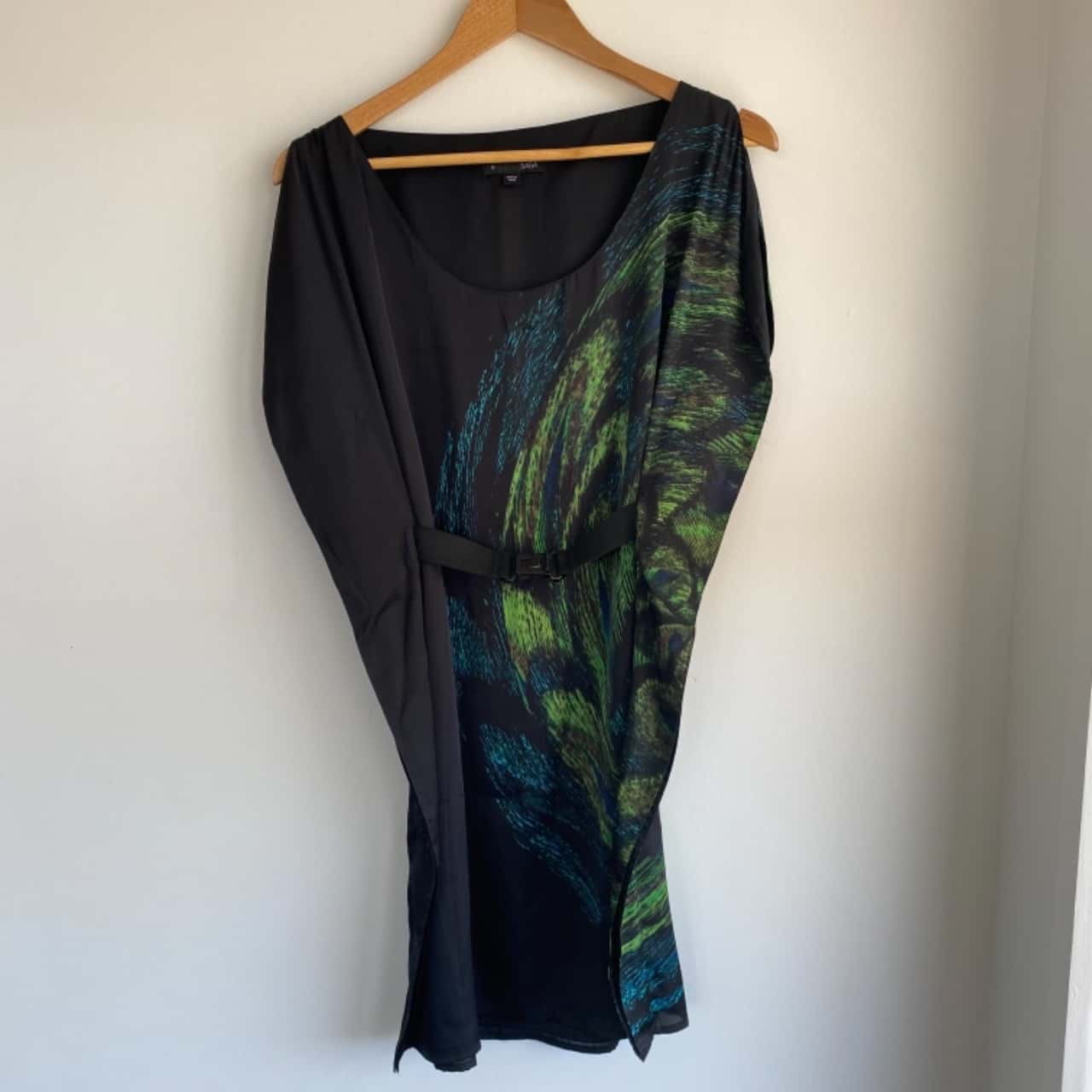 SABA Belted Black Mini Dress With Green Feature Print Size 10 / M (s)