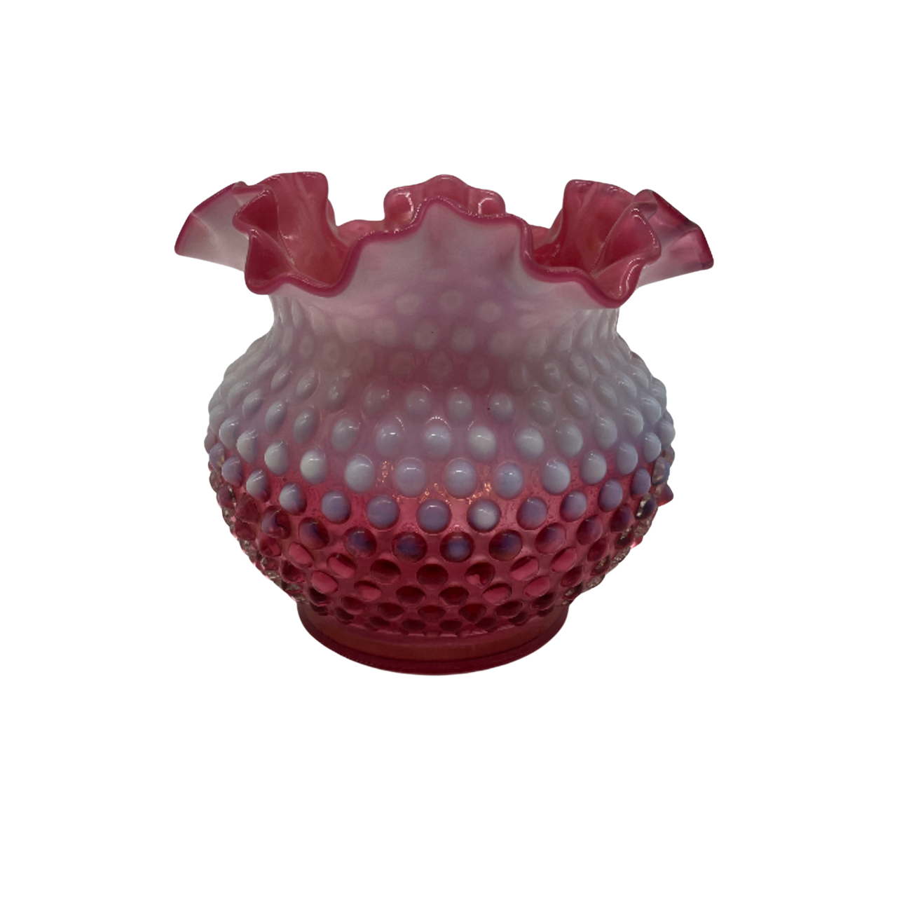 Hobnail Cranberry Pink/White Ruffled Glass Vase