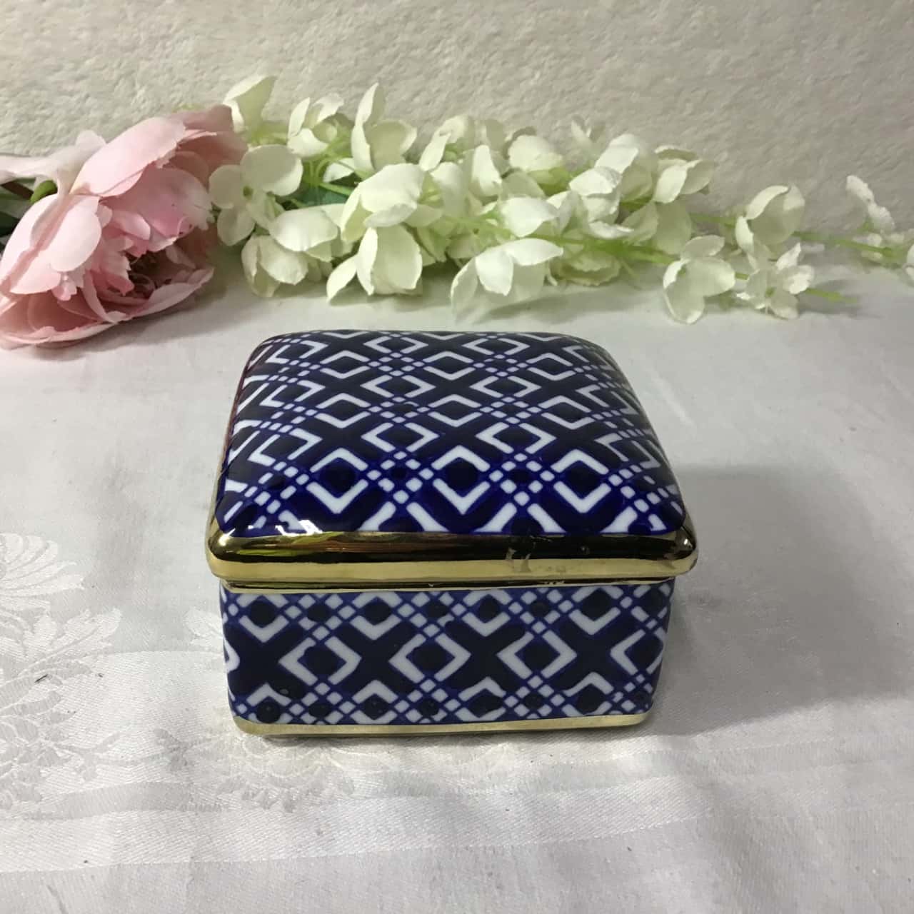 Gold / Dark Blue / White Pattern Square Ceramic Box with Lid(s)
