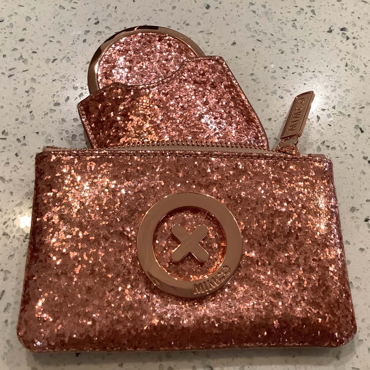 Mimco Rose Gold Zip Purse and Rose Gold Mirror Compact. (s)