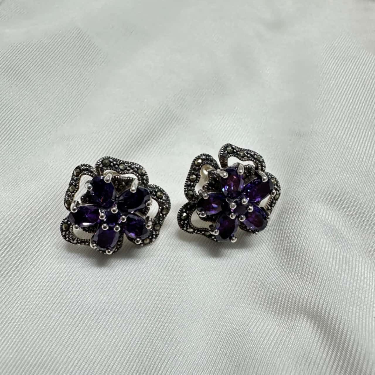 925 Stirling Silver Amethyst Marquisite Earrings (s)