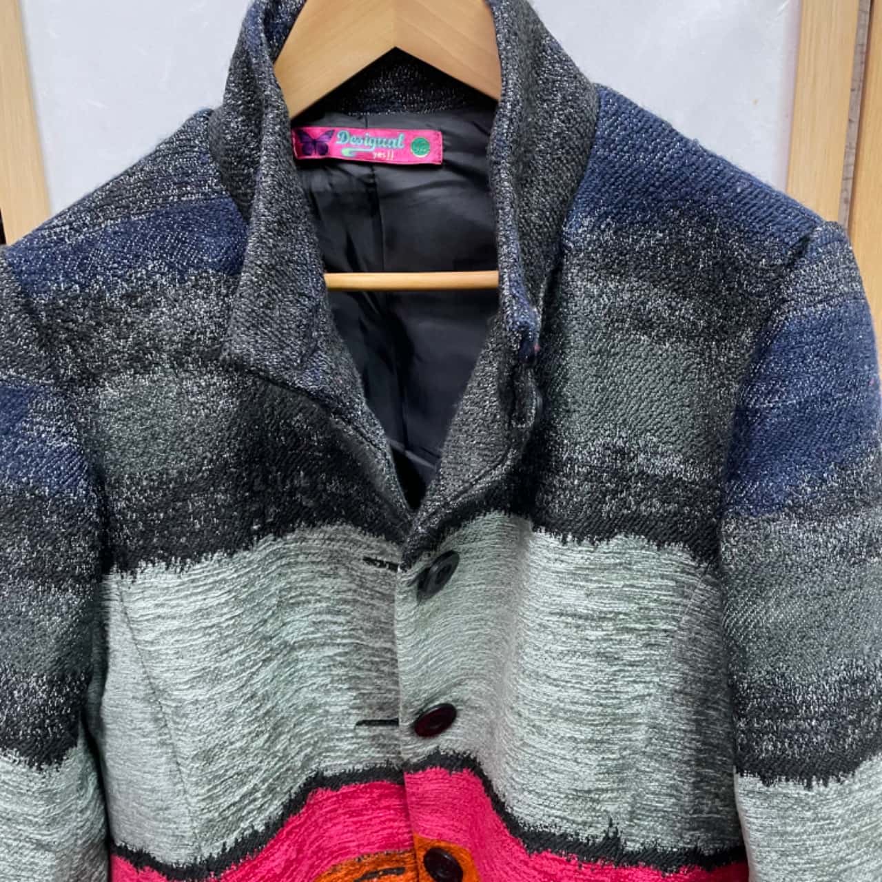 Desigual Womens Size 8-10 Button Up Coat Grey / Orange / Pink (s)