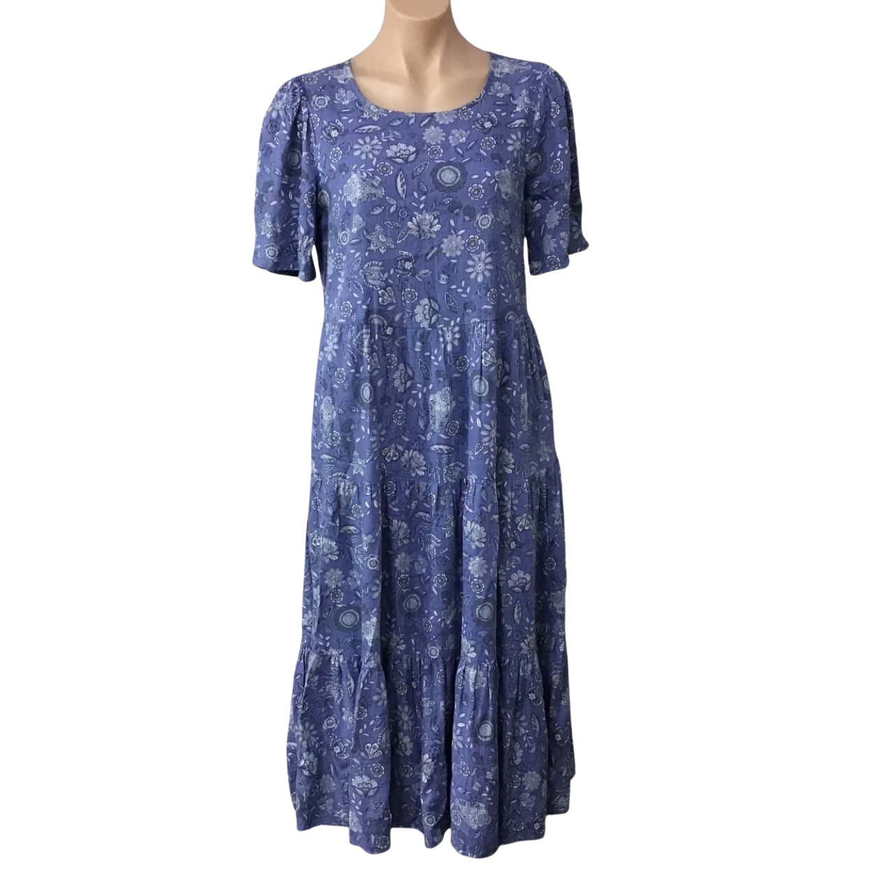 Dotti Womens Size 10 Blue / White / Grey Floral Short Sleeve Maxi Dress (s)