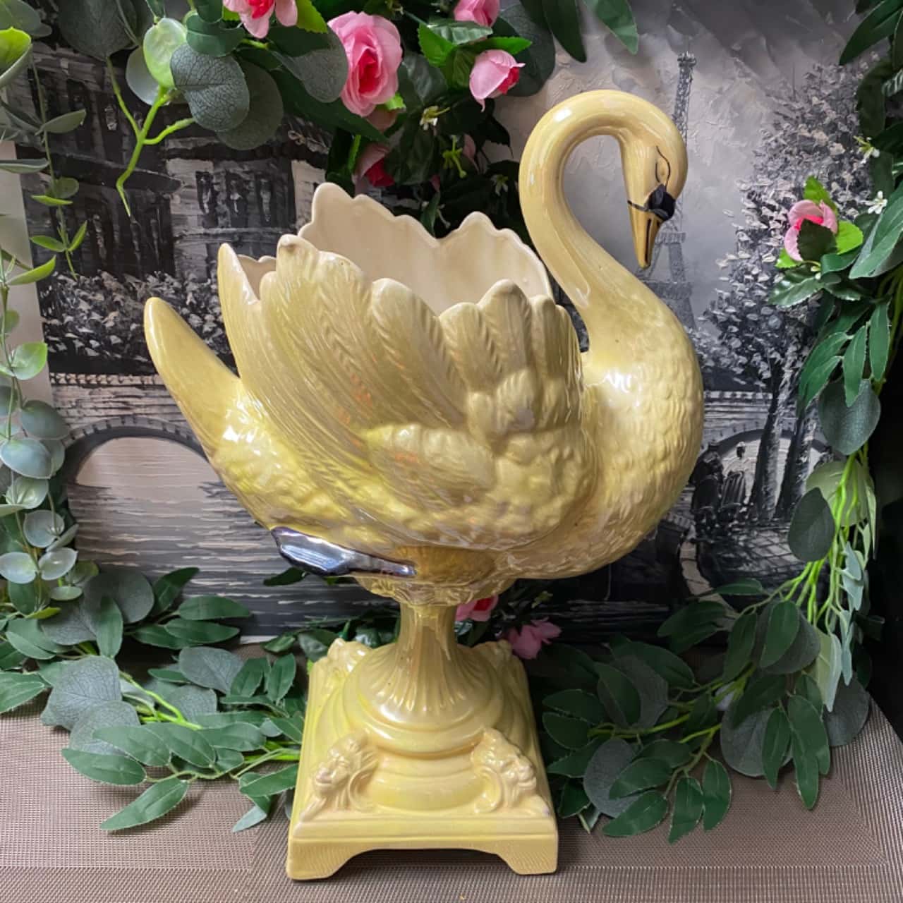 Stunning Vintage yellow swan on planter with stand(s)