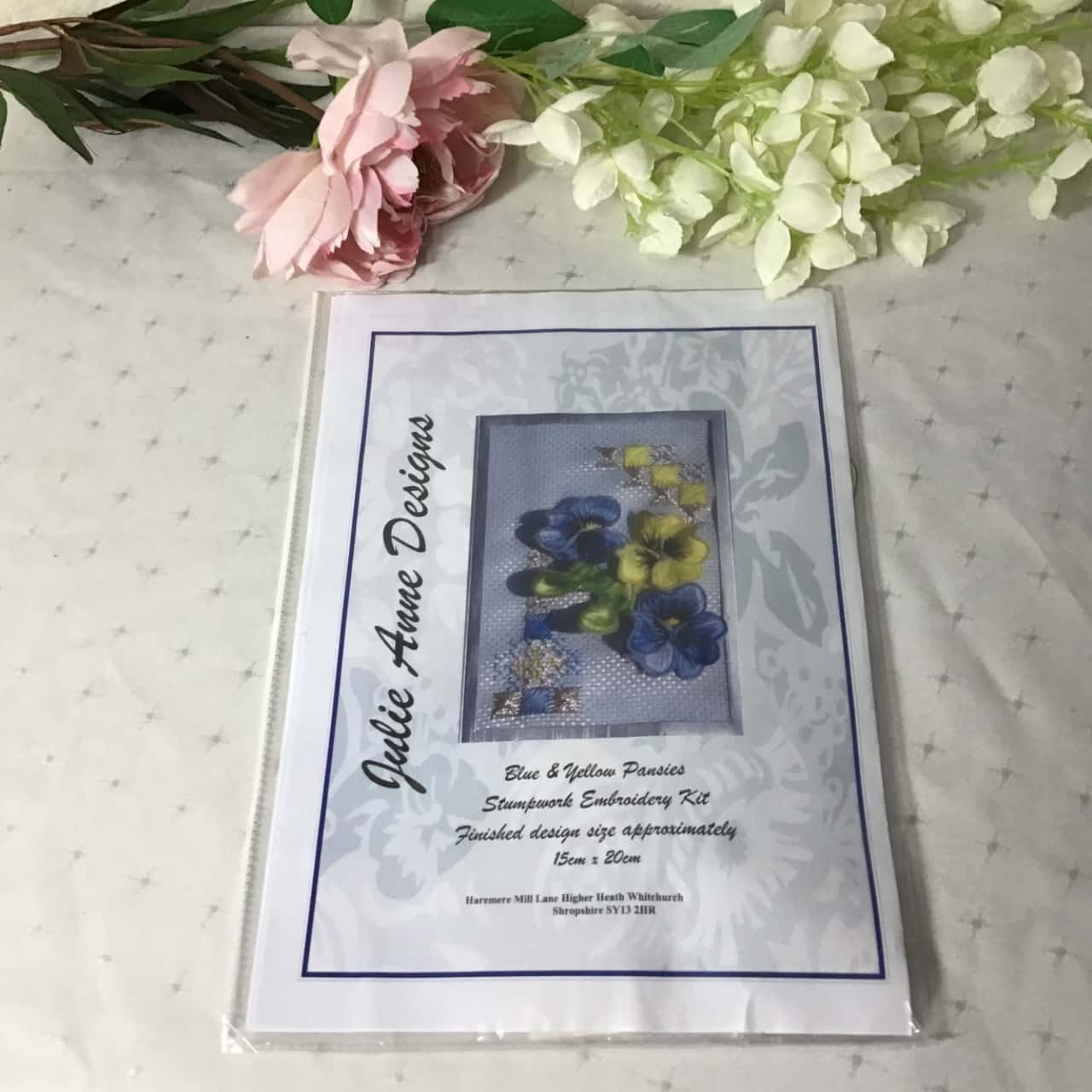 Julie Anne Designs “Blue & Yellow Pansies” Stumpwork Embroidery Kit