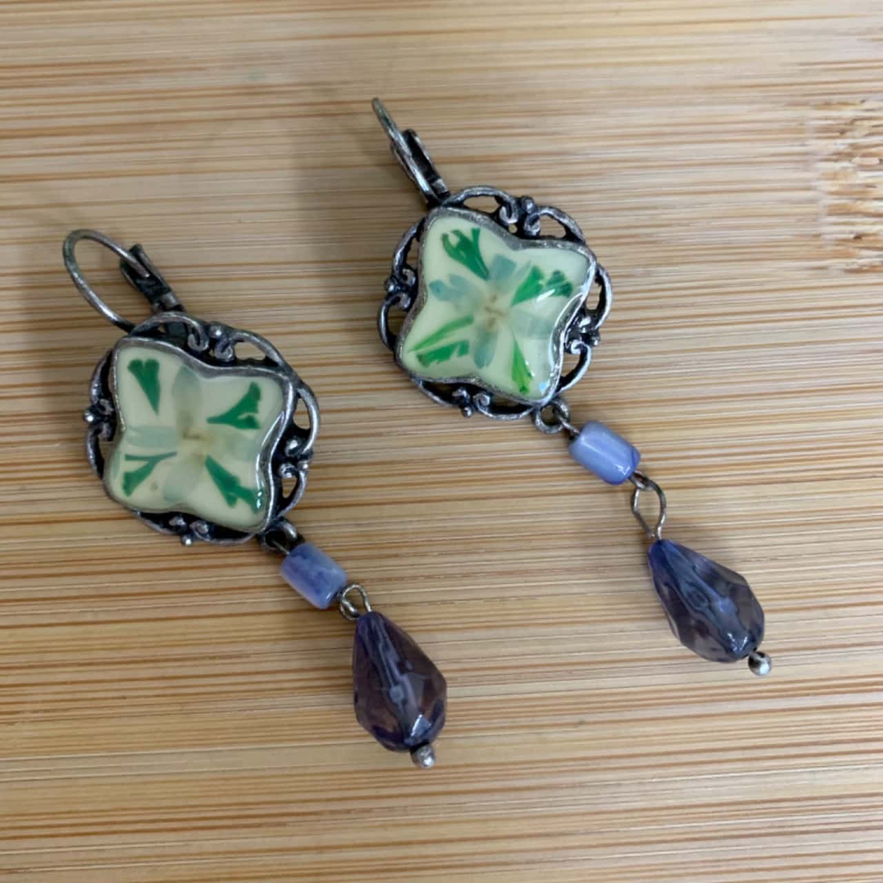 Vintage Style Ornate Silver Dangles With Green Flower Design (s)