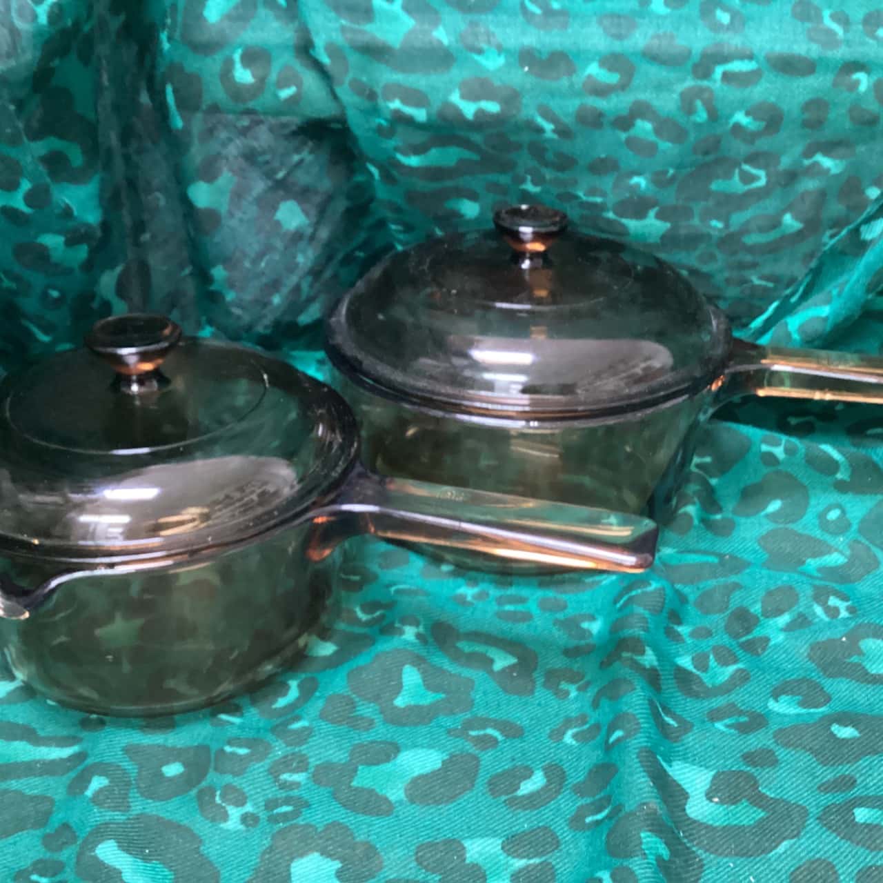 Vintage Corning Vision Amber Glass Saucepans with Lids.