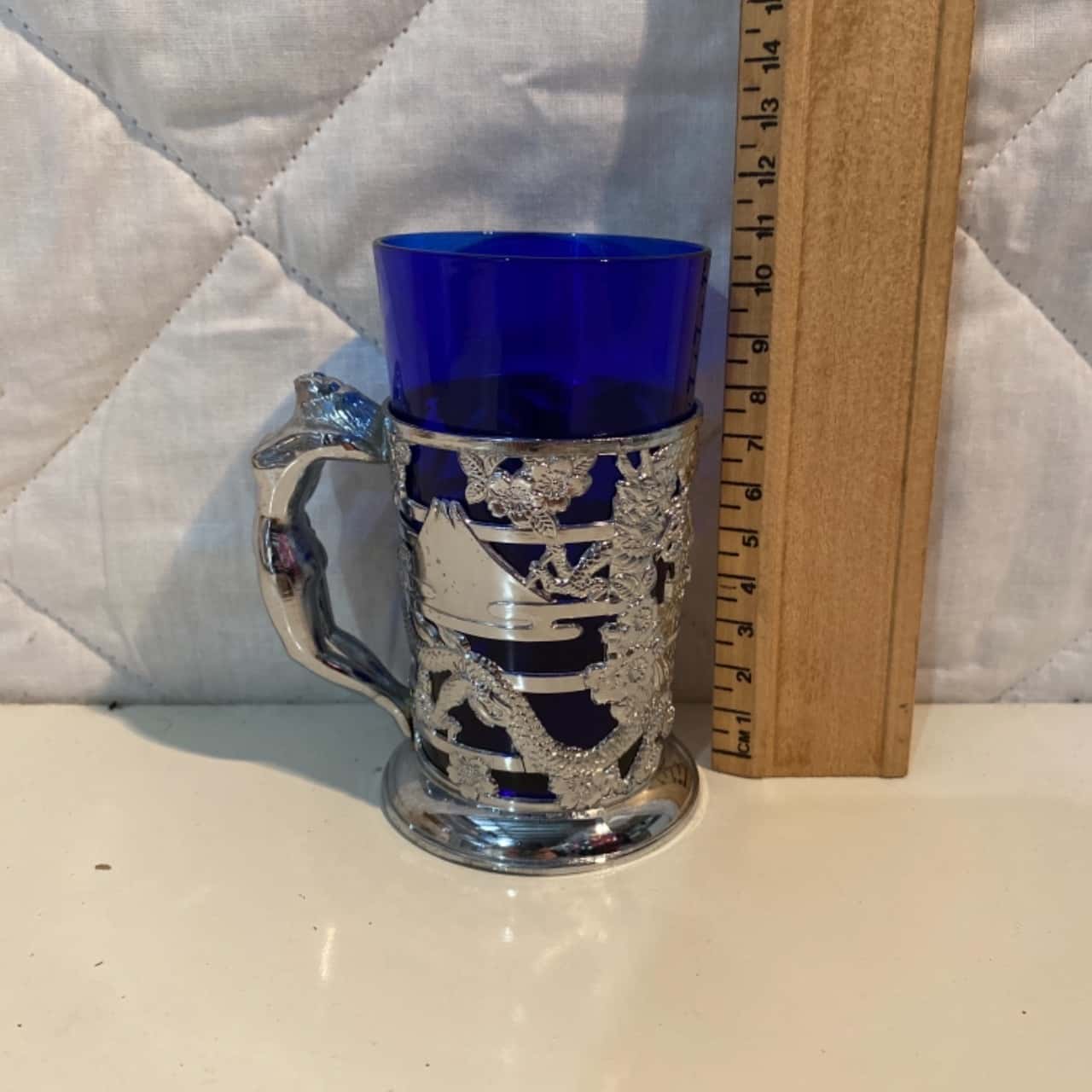 Japanese Chrome Glass Holder with Cobalt Blue insert (s)
