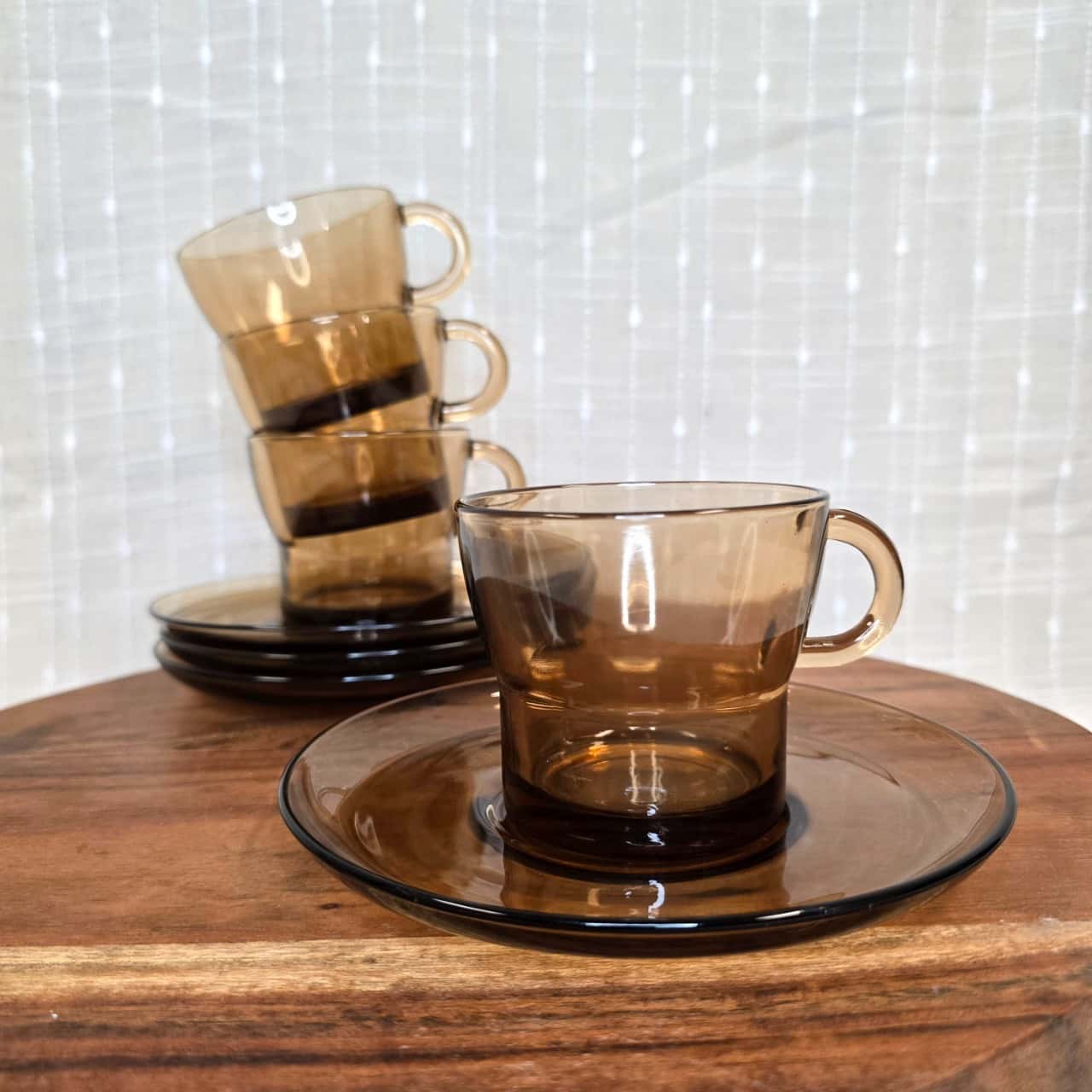 Duralex France Smoked Glass Set Of 4 Coffee Mugs & Saucers
