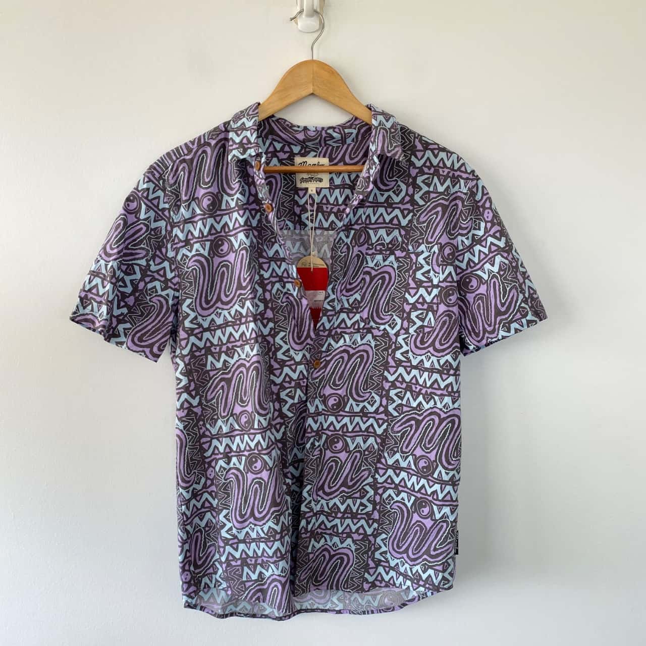 Mambo Smart Art Blue Purple Print Short Sleeve Shirt Size S(s)
