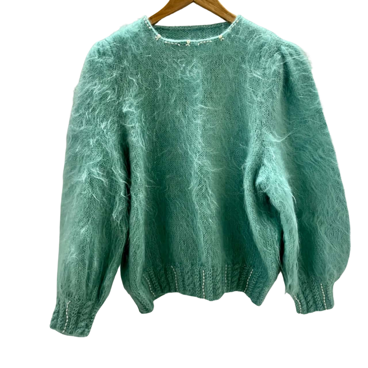 Gorgeous Hand knitted Mint green jumper with pearl bead detail Size 10/ ...