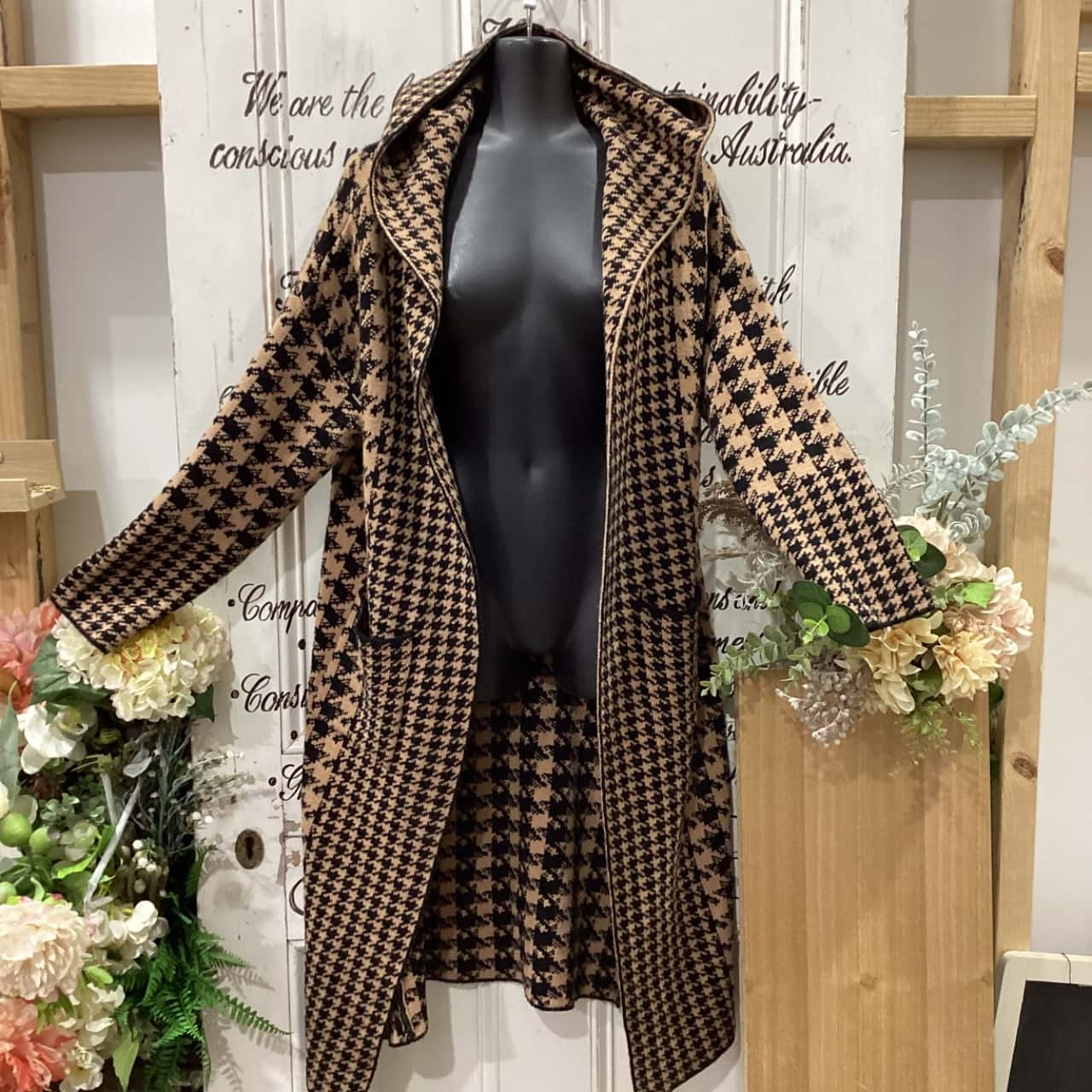HQ BRAND! WOOL BLEND HOODED LONGLINE CARDIGAN IN A HOUNDSTOOTH PATTERN ...