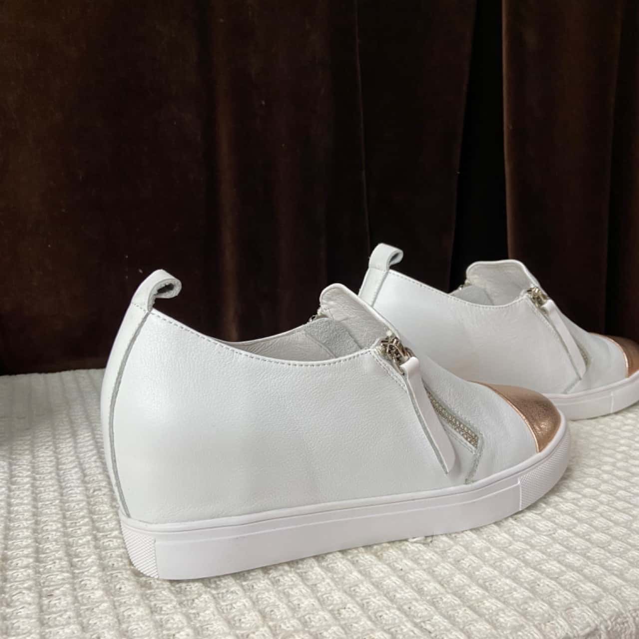 Hinako “Conny” White with Rose Gold Toe Cap, Wedge Sneakers, Size EU40