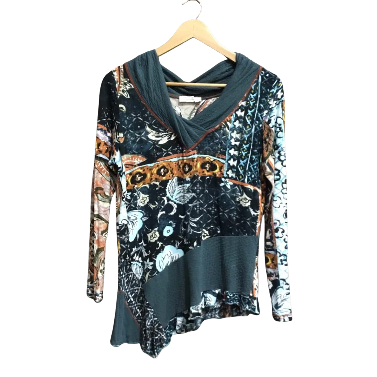 Orientique Women’s Size 12 Long Sleeve Top Blue / Green / Orange Pattern