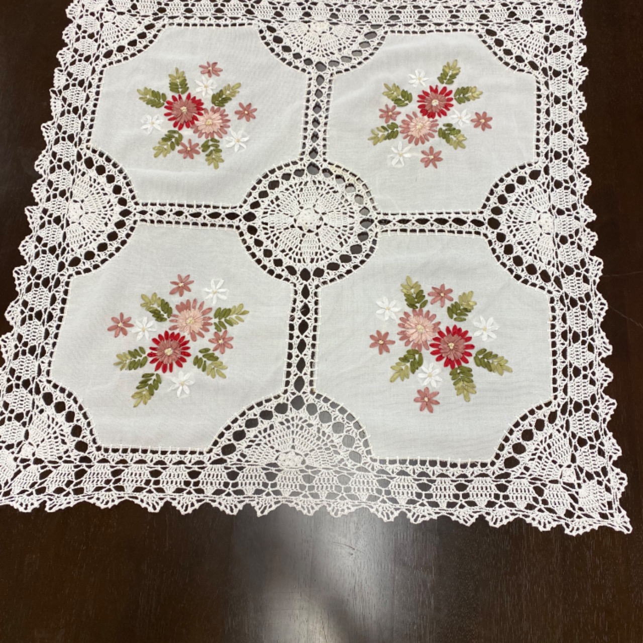 Pretty crotchet edged tablecloth with ribbon embroidery Square 85 cm x ...