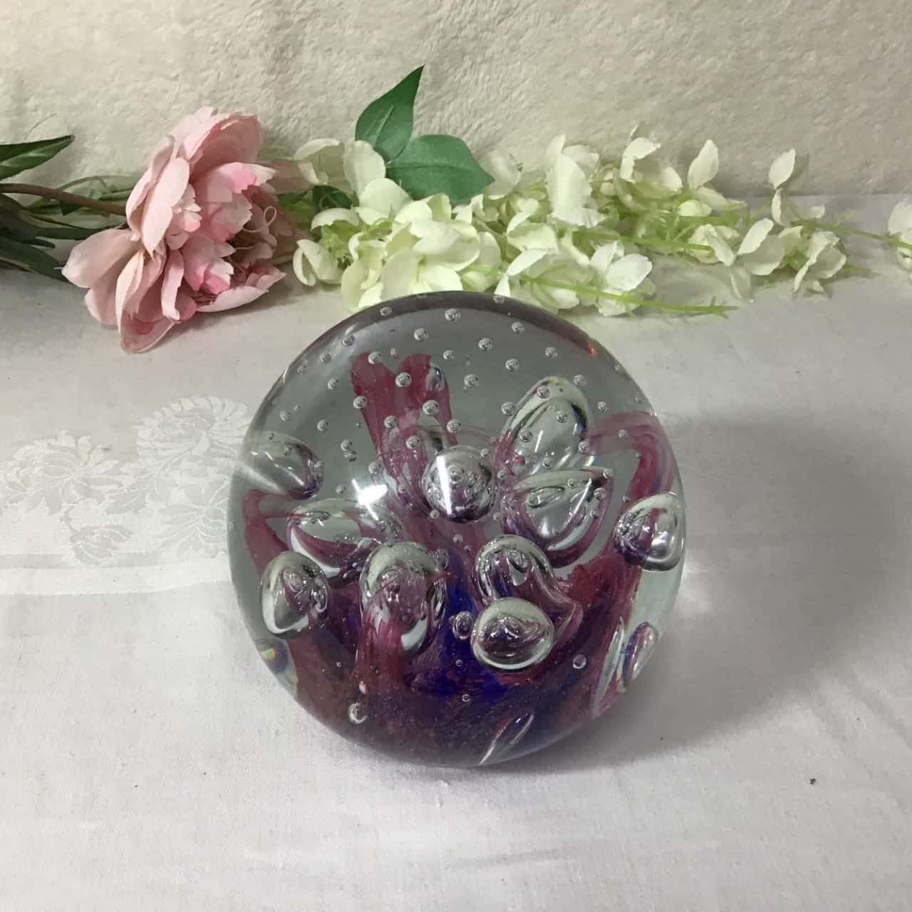 Large Decorative Bubble Glass Paperweight with Pink / Purple Base