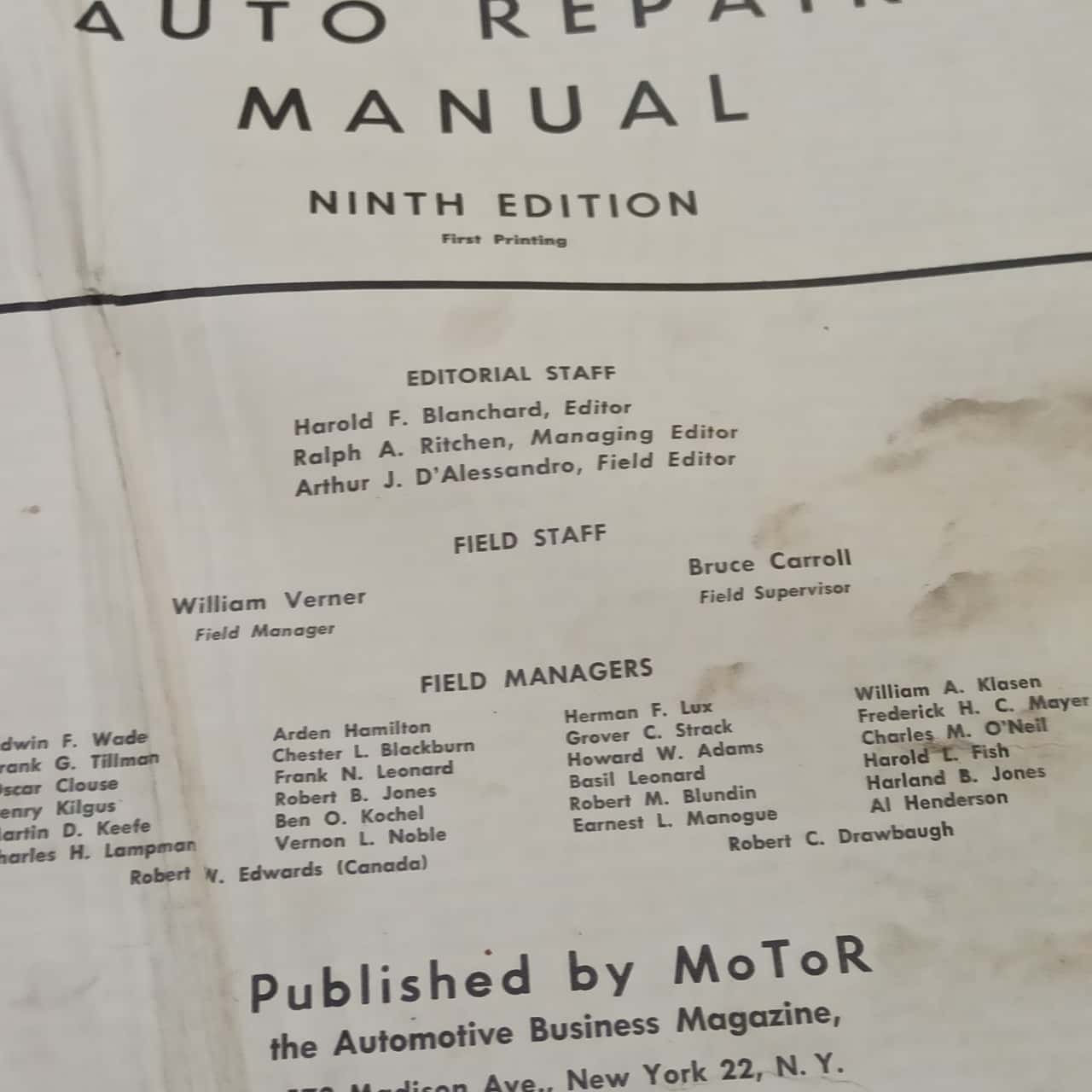 MoToR's MOTOR's Auto Repair Manual Ninth Edition First Printing Makes ...