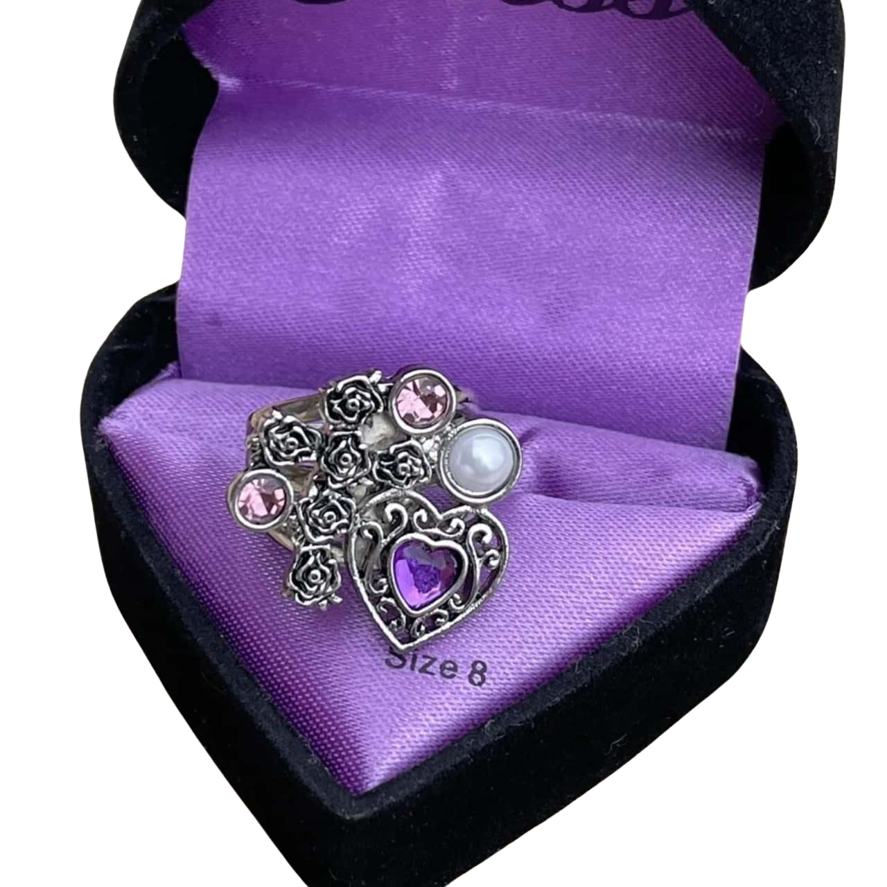 Guess Ring Sz 8 Faux Pink Purple Gem Pearl Floral Heart Cross w/Box(s)