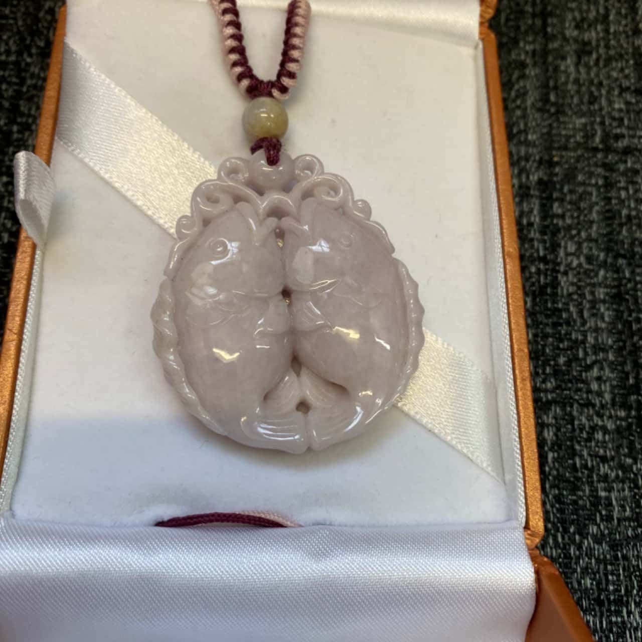 Carved Pale Mauve Jade Double Fish Pendant (s)