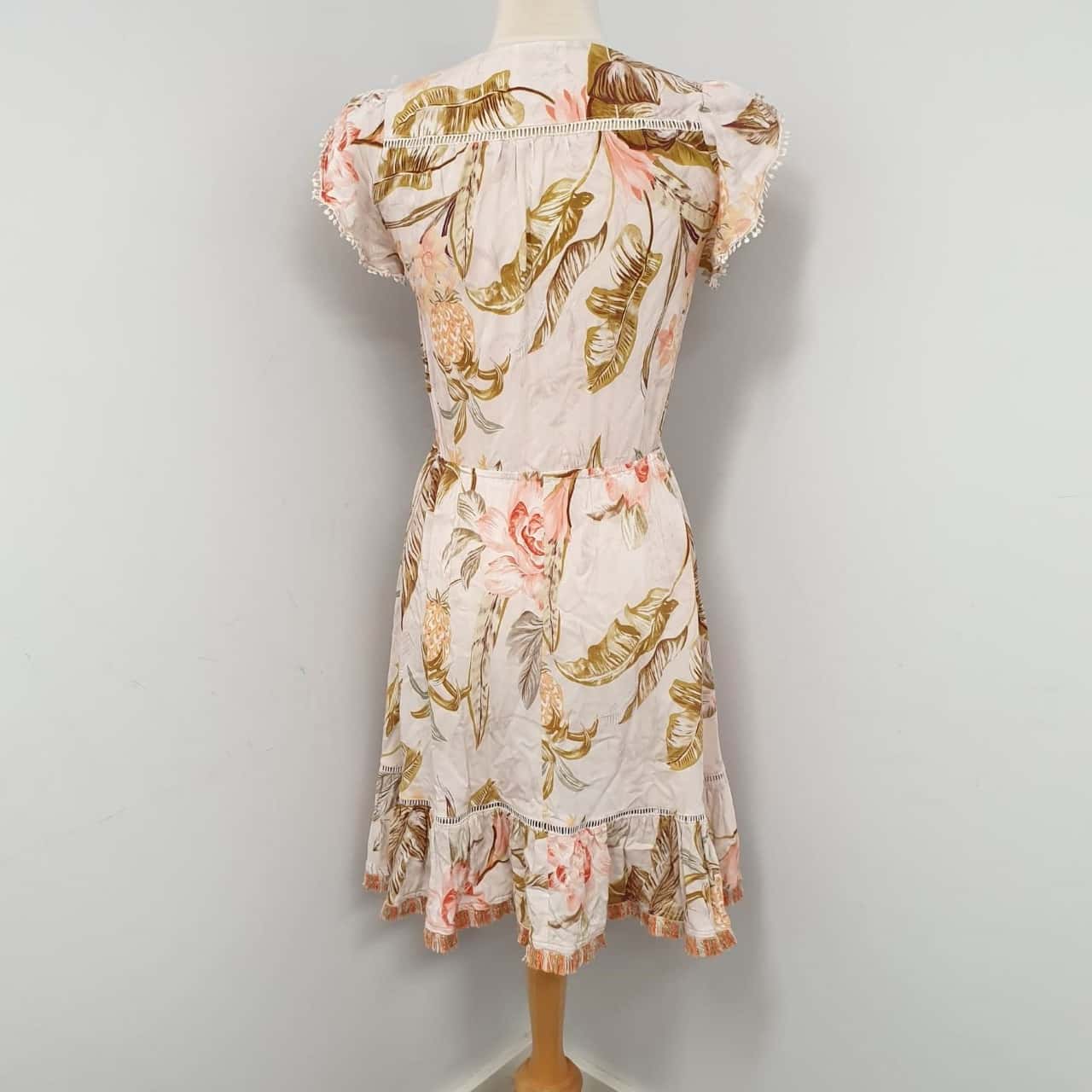 Jaase Cute Leaf & Pink Floral Mini Dress with Lace, Fringe & Hem Frill ...